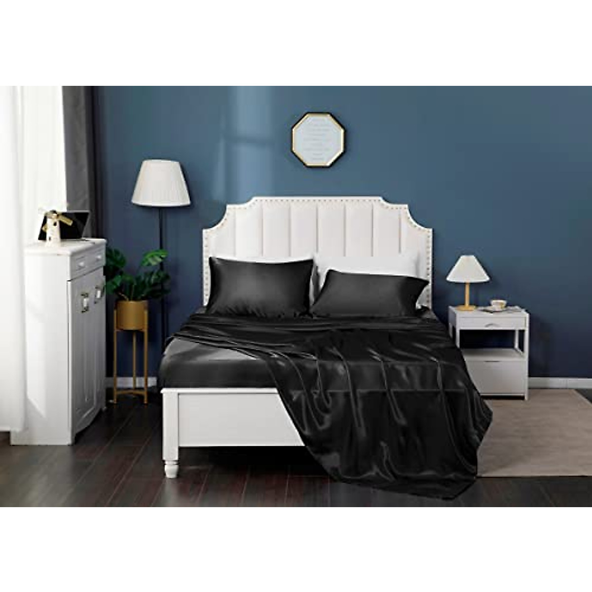 YUHX Silk Satin Pillowcase for Hair and Skin, Black Standard Size Pillowcase Set of 2, Soft Silky Pillow Cases with Envelope Closure (20x26 inches,Black)