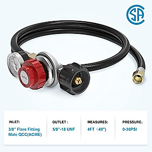 Kohree 4FT Adjustable Propane Regulator with Hose High Pressure, 0-30 & 0-60 PSI Gauges & ⅜ Flare Fitting for Fire Pit, Fryers, Burners, Heaters, QCC1 Tank, BBQ Grill, Smoker, Cooker, Stoves