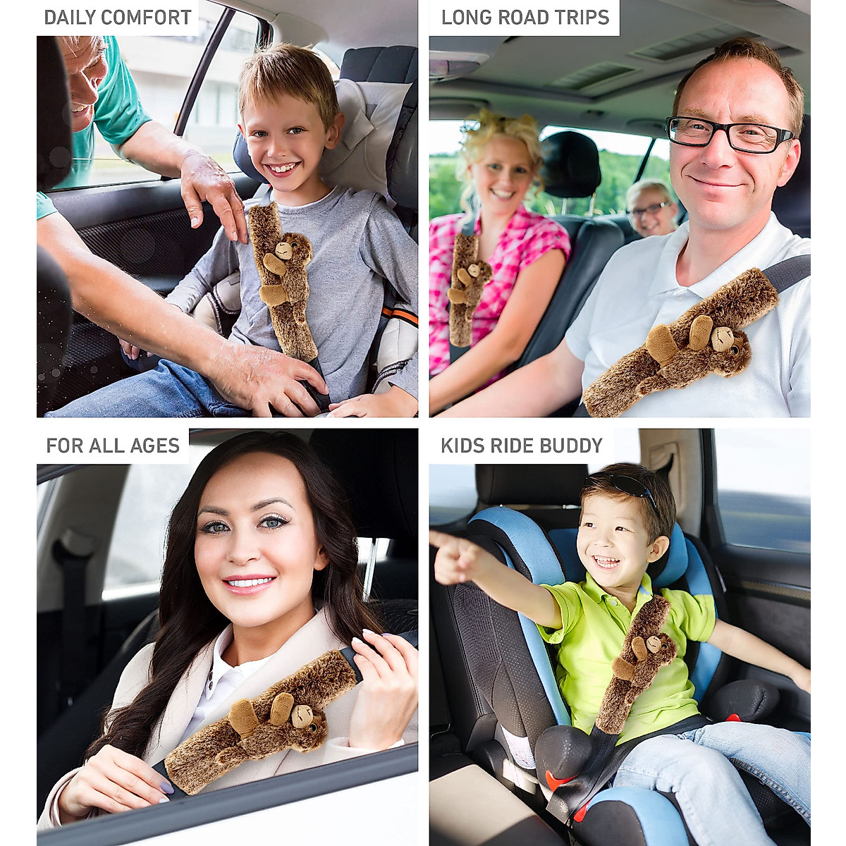 DolliBu Brown Monkey Plush Car Seatbelt Cover - Soft Fluffy Cushion Support for Safety Seat Belt Strap Cover, Decorative Wild Life Stuffed Animal Padded Toy Cute Vehicle Accessory for Kids & Adults