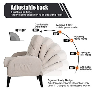 ELUCHANG Accent Chairs with Ottoman, Upholstered Comfy Armchair with Adjustable Backrest&Storage Footrest, Lazy Chair Reading Chair Leisure Sofa Recliner for Living Room Bedroom (Light Grey - Linen)