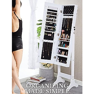 YOKUKINA LED Mirror Jewelry Cabinet Standing Armoire, Full Length Mirror with Jewelry Storage, Lockable Organizer, Wall Mount/Over the Door, White