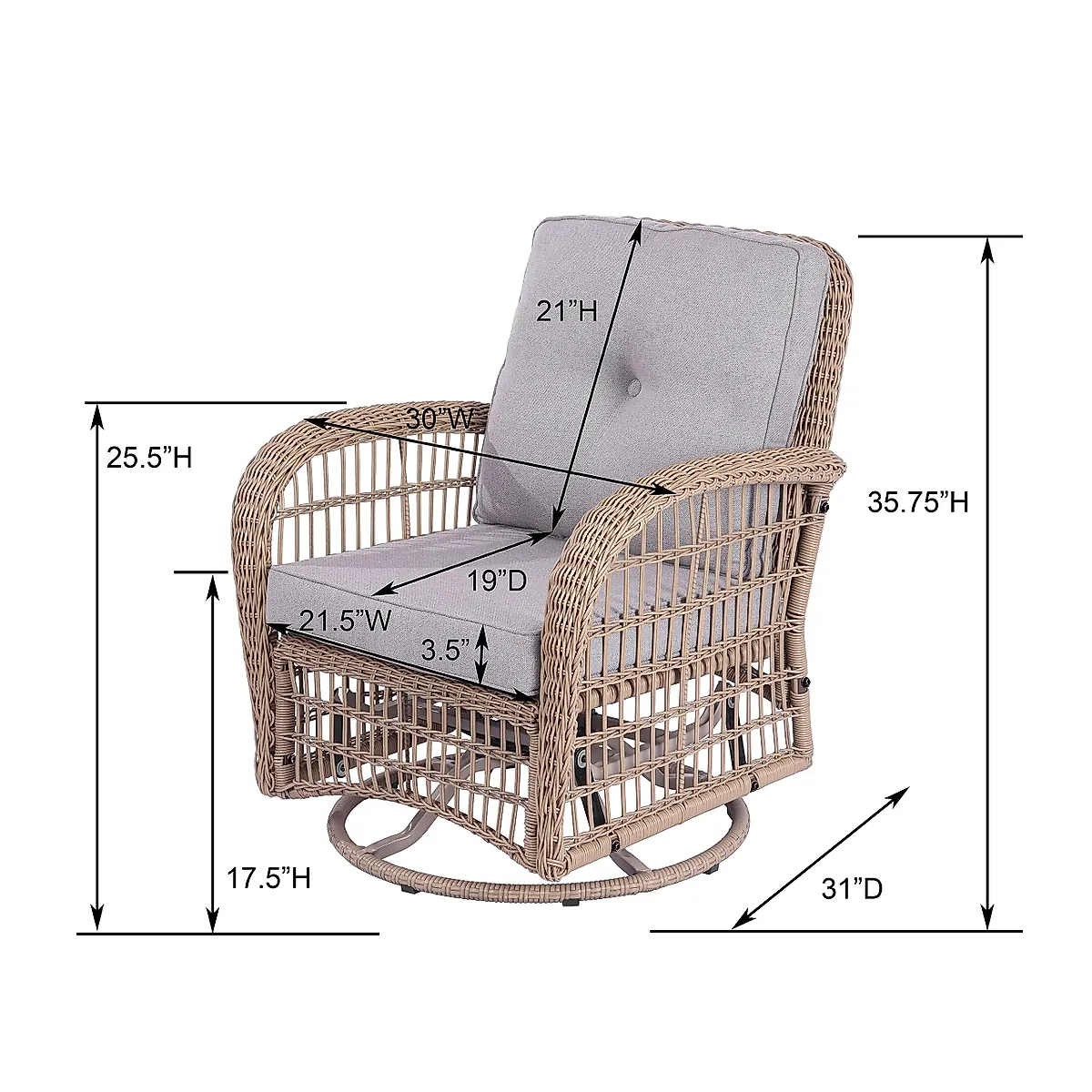 YAOACXIN Patio Rattan Rocker Chair Outdoor Swivel Chair with Grey Cushion PE Wicker Furniture for Porch Sunroom Deck Backyard (Natural)