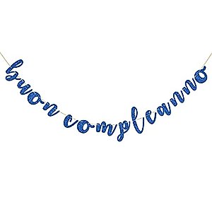 INNORU Buon Compleanno Banner, Italian Happy Birthday Party Decorations, Italian Themed Birthday Party Bunting Garland, Birthday Party Decoration Navy Blue Glitter