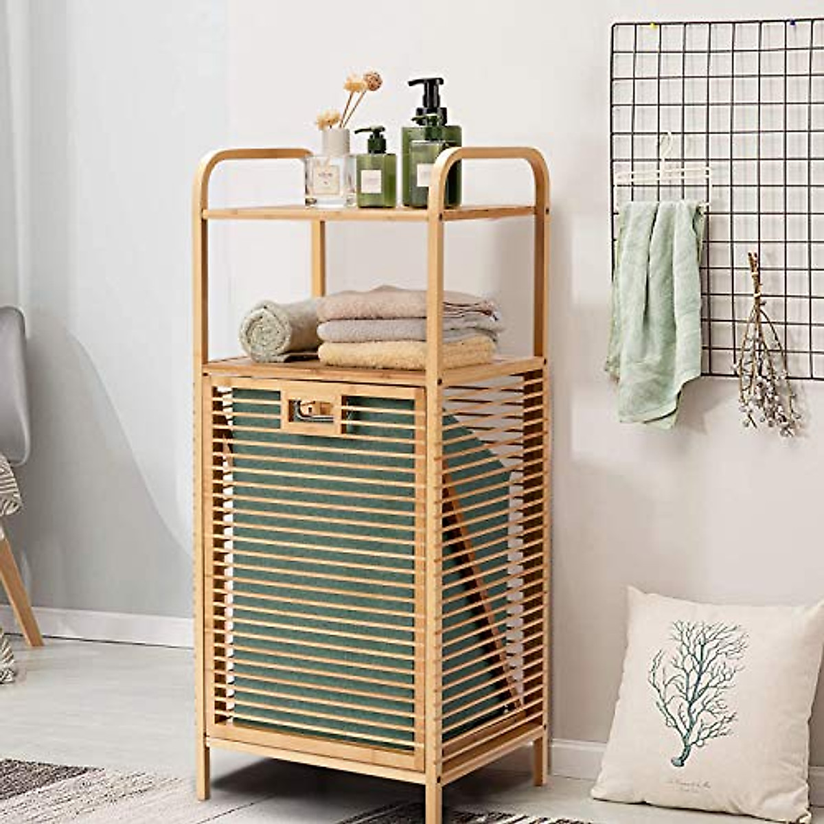 Giantex Laundry Hamper Tilt-Out Laundry Linen Hamper Bamboo Freestanding Clothes Basket W/Shelf & Removable Liner, Storage Laundry Shelf for Bathroom Living Room Bedroom, 16’’x13’’x37.5’’(L x W x H)