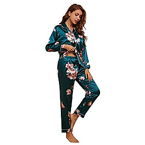 WDIRARA Women's Sleepwear Floral Print 2 Piece Satin Pajama Set Button Down Loungewear Dark Green S