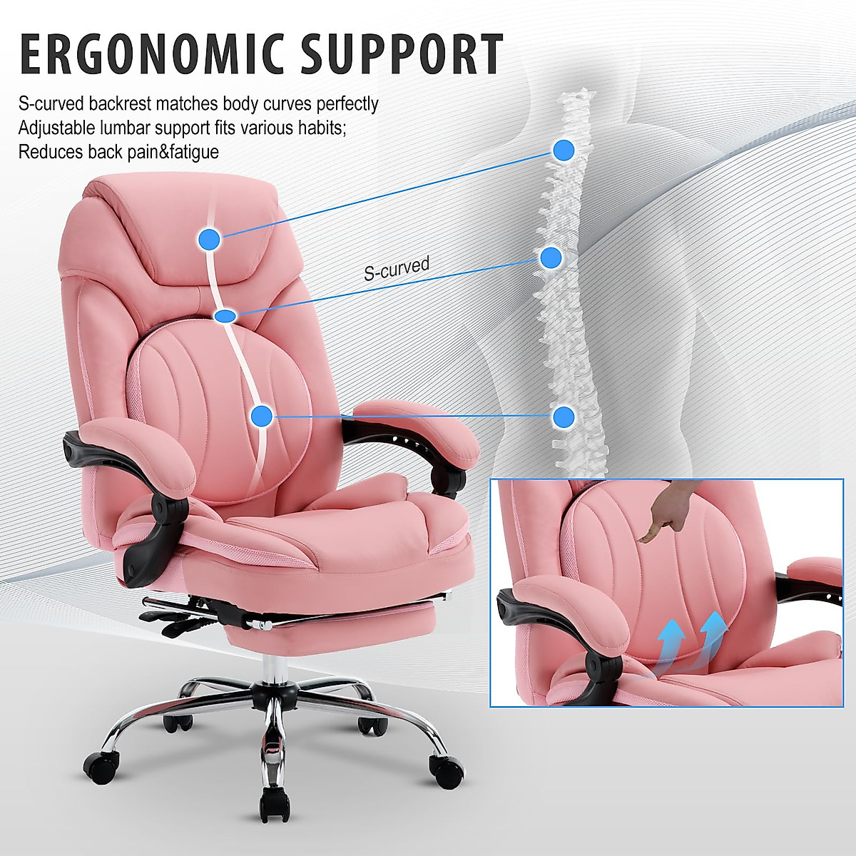 Comermax 350lbs Reclining Office Desk Chairs with Footrest Back Support PU Leather High Back Wide Seat Recliner Executive Office Chairs for Women, Big Tall Managerial Chairs, Pink