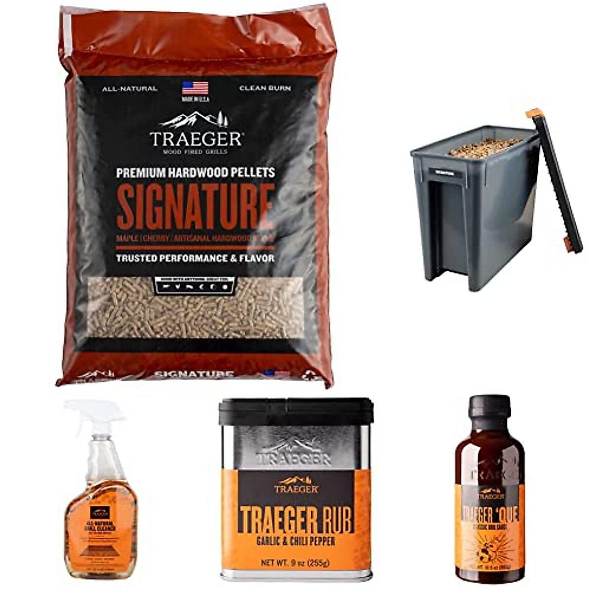 Traeger Grills Accessory Bundle with Signature Blend Hardwood Pellets (2), StayDry Pellet Storage Bin, BBQ Cleaning Brush, All-Natural Grill Cleaner Spray, Traeger Rub and Traeger ‘Que BBQ Sauce