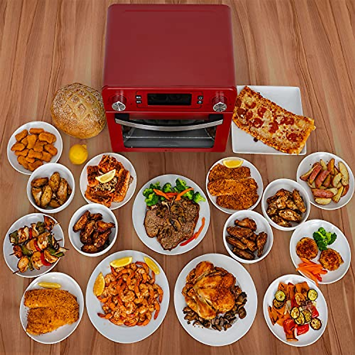 Deco Chef 24 QT Red Stainless Steel Countertop 1700 Watt Toaster Oven with Built-in Air Fryer and Included Rotisserie Assembly, Grill Rack, Frying Basket, and Baking Pan