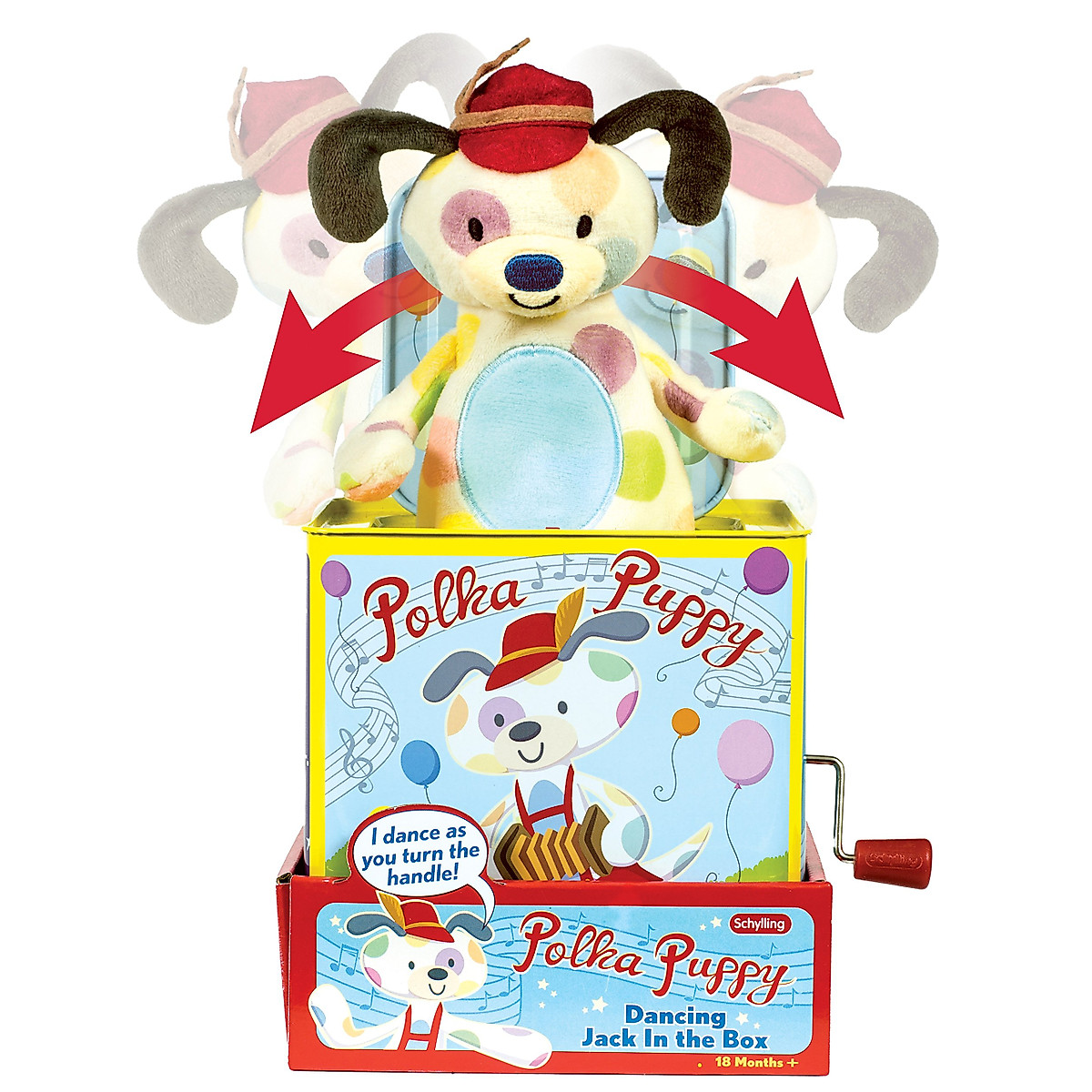 Schylling Polka Puppy Jack in the Box - Classic Children's Musical Toy that Dances - Colorful Embossed Tin Box and Lovable Puppy Plush - Age 18 months and Up