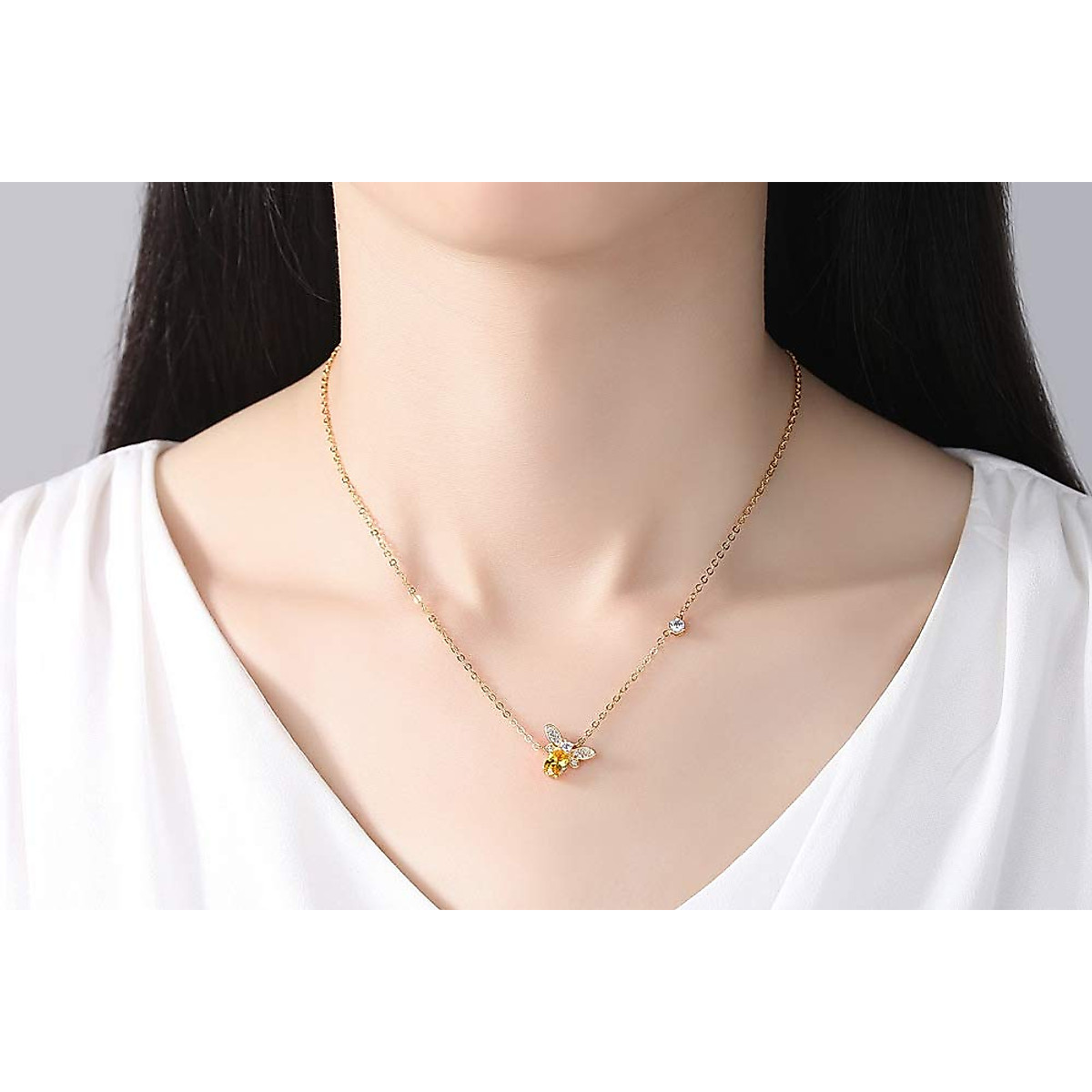 Hypoallergenic 14K Yellow Gold Dainty Cute Amber Lovely Tiny Honey Crystal Cubic Zirconia Bee Pendant Necklace for Women Teen Girls
