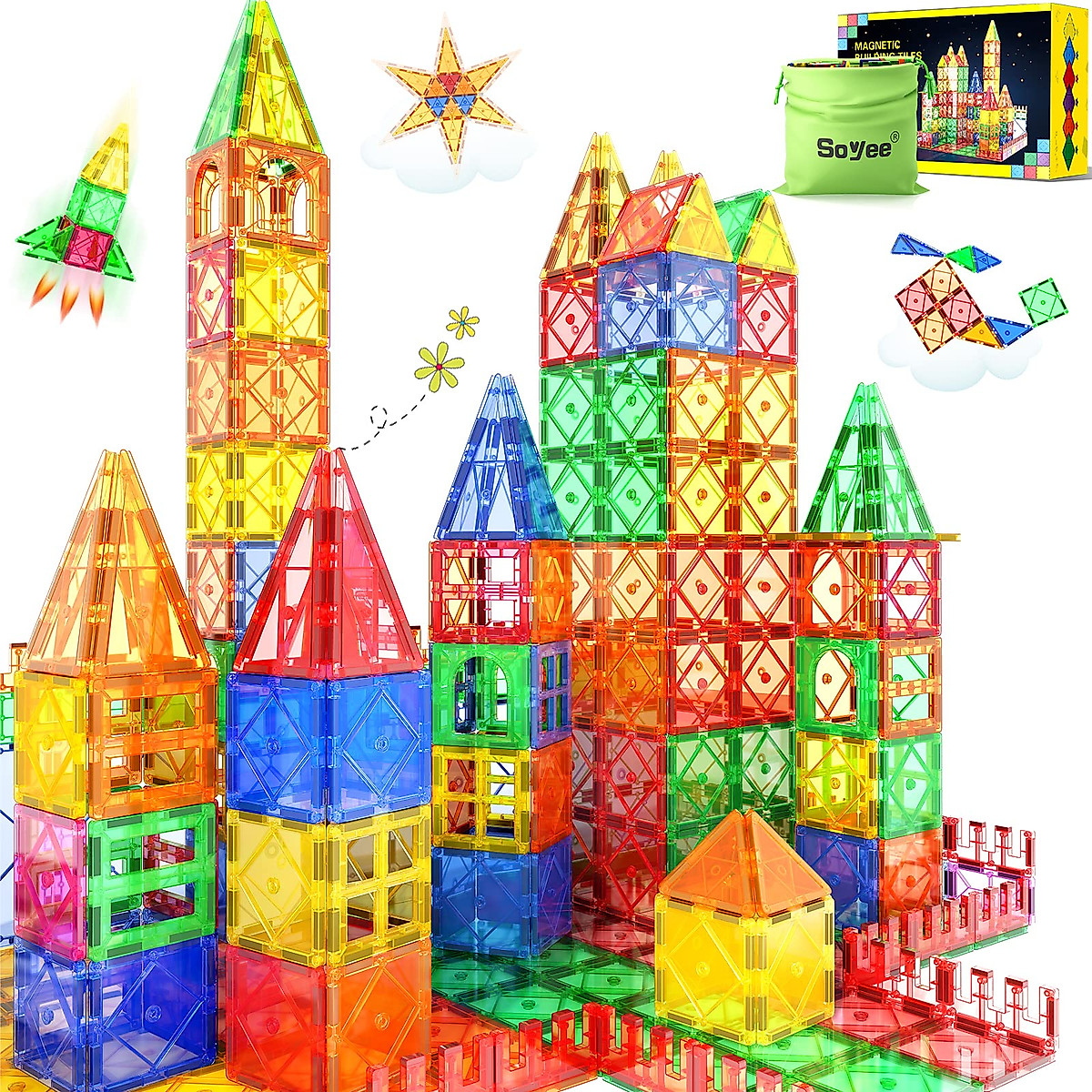 Huge Pack 180PCS Magnetic Tiles Set Magnet Toys with Ferris Wheel and Cars - Magnetic Blocks STEM Learning Building Construction Toddler Kids Toys for 3+ Year Old Boys and Girls