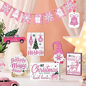 Pink Christmas Decoration, Christmas Tiered Tray Decor 15 Pcs Pink Christmas Ornaments Farmhouse Rustic Decor Christmas Gnome Truck Snowflake Wooden Sign for Christmas Centerpiece Table Party Holiday