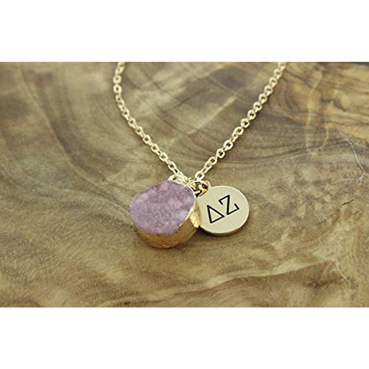 Sorority Shop DZ Necklace - Delta Zeta Pink Druzy Gemstone Necklace With Engraved Pendant – 14K Gold Dipped Jewelry with Pink Gemstone – Sorority Gift, Charm Paraphernalia