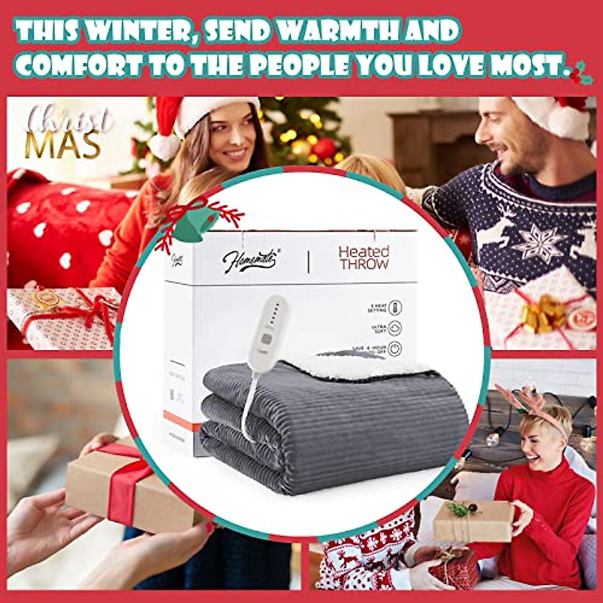 HomeMate Heated Blanket Electric Throw - 50"x60" Heating Blanket Throw 4 Hours Auto-Off 5 Heat Levels Heat Blanket Over-Heat Protection Soft Flannel Sherpa Heater Blanket Electric ETL Certification