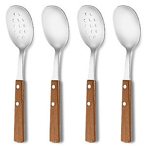 4-Piece Serving Spoons Set - Includes 2 Serving Spoons and 2 Slotted Spoons, 18/8(304) Stainless Steel Buffet Serving Utensils,Stainless Steel Wooden Serving Utensil