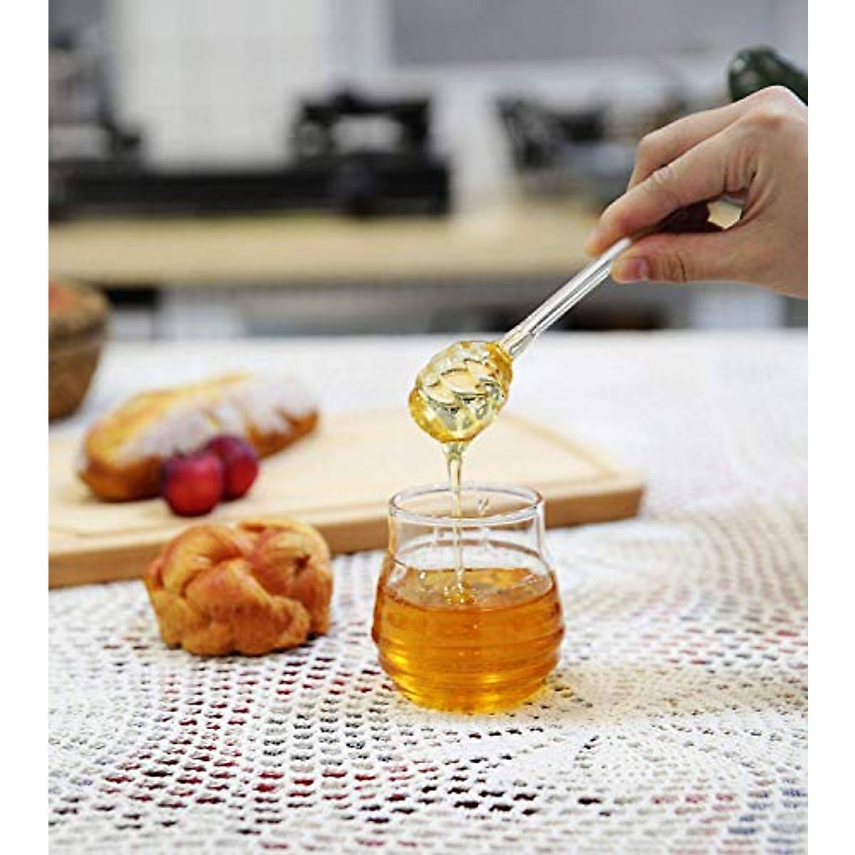 Mkono Honey Dispenser Glass Honey Jar with Dipper and Lid Honey Pot Container for Home Kitchen Storing Honey and Syrup,9 Ounce
