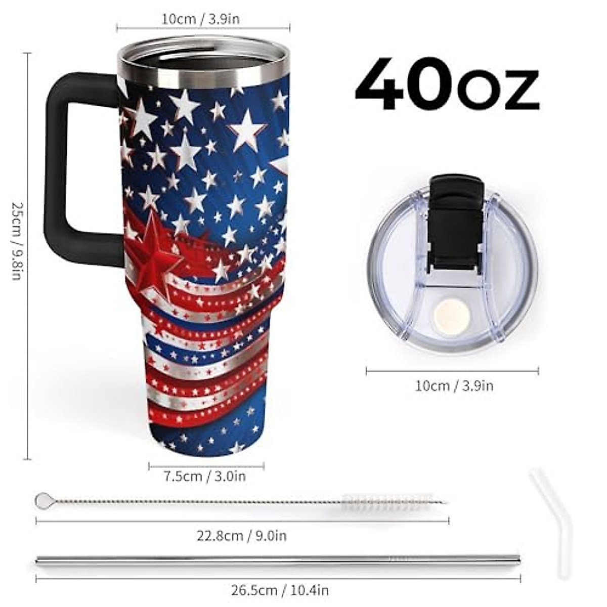 Independence Day U.S. Stars 40 Oz Stainless Steel Cup Travel Tumbler with Handle and Straw Lightweight Coffee Mug for Home Office