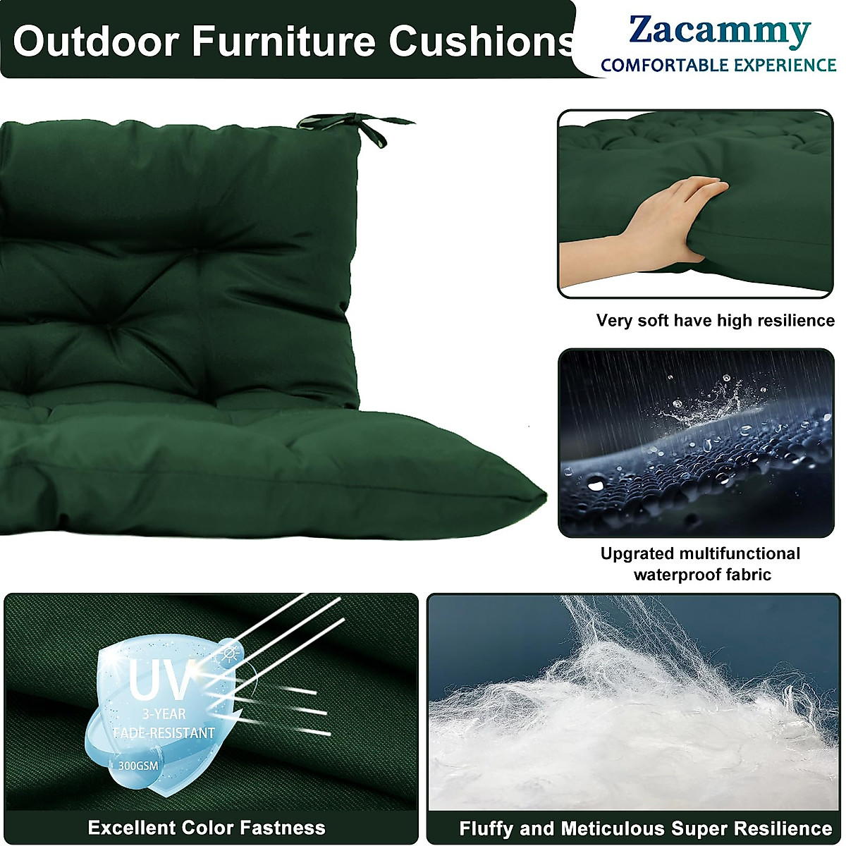 Zacammy Porch Swing Replacement Cushion for 3 Seat - Outdoor Waterproof Patio Furniture loveseat Cushions with Backrest - Thicken 4''Garden Bench Furniture (Dark Green, Outdoor Cushions 40x71in)