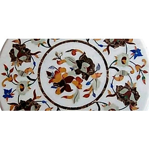 Pietra Dura White Marble Round 27" x 27" Inch Dining Table Top, Stone Coffee Table Top, Marble Centre Table Top Natural Indian Makrana White Marble Table Top, Piece Of Conversation