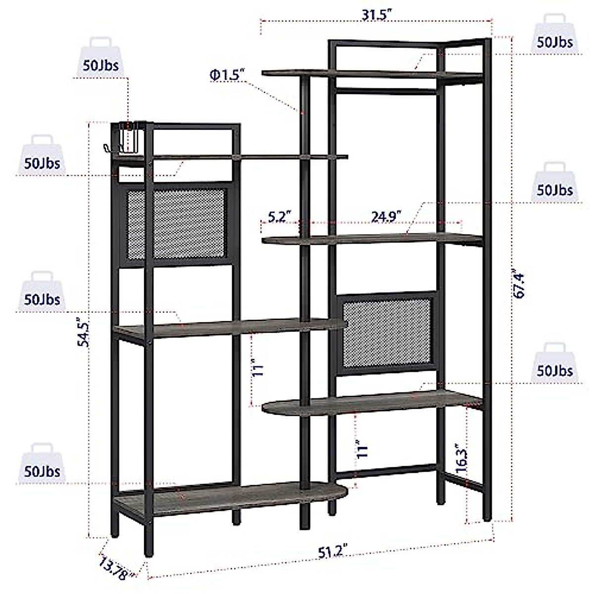 Anivia 6-Tier Asymmetrical Open Storage Shelves Corner Bookshelf Ajustable Wood Bookcase Open Shelf with Metal Frame Storage Organizer for Home Office, Oak and Black