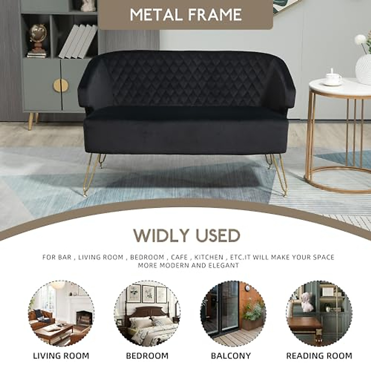 QQU Modern Velvet Loveseat Sofa, Comfy Upholstered Seat Couch with Metal Legs, 2-Seater Accent Sofa Chair, Living Room Sofa with Tufted Backrest, Black