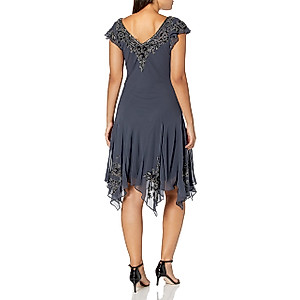 J Kara Women's Flutter Sleeve Hanky Hem Short Cocktail Beaded Dress, Grey/Black/Mercury, 14