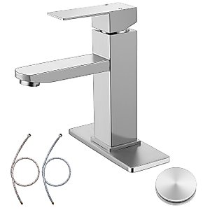 Homikit Brushed Nickel Single Handle Bathroom Faucet with Pop Up Drain, 1 or 3 Holes, Stainless Steel Vanity RV Lavatory Faucet with Deck Plate, 2 Water Supply Hoses