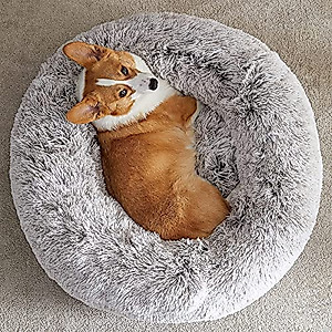 WNPETHOME Calming Dog Bed & Cat Bed,Small Dog Bed Donut Design Faux Fur Anti-Anxiety Dog Bed,Fluffy Pet Cushion Dog Bed for Small Dogs and Cats (20 x 20 inch, Light Coffee)