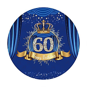 OERJU 6x6ft 60th Birthday Round Backdrop Cover for Men Royal Blue Curtain Gold King Crown Circle Photography Background Sixty Years Old Age Birthday Party Decorations Banner Photo Booth Props