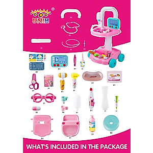 UNIH Doctor Cart Kit for Kids 3 4 5, Medical Play Set Realistic with Lights Toddlers Toys for Boys Girls 2-4 (Pink)