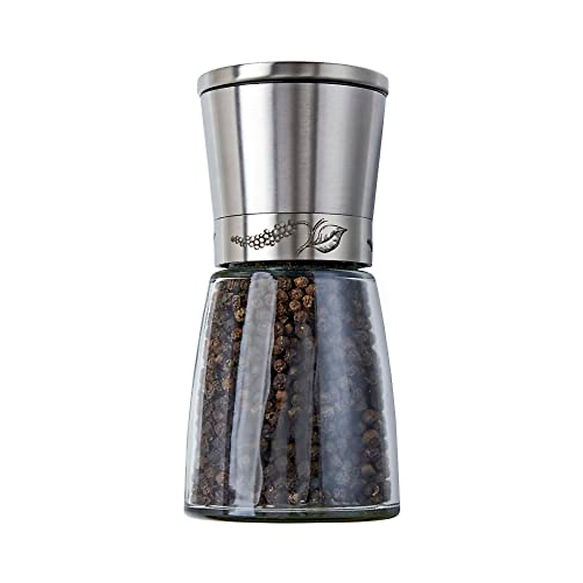 Manual Pepper and Salt Grinder (Spice Mill) with Adjustable Ceramic Blades. Glass body with stainless steel. Easy to fill, use and clean, 6oz.
