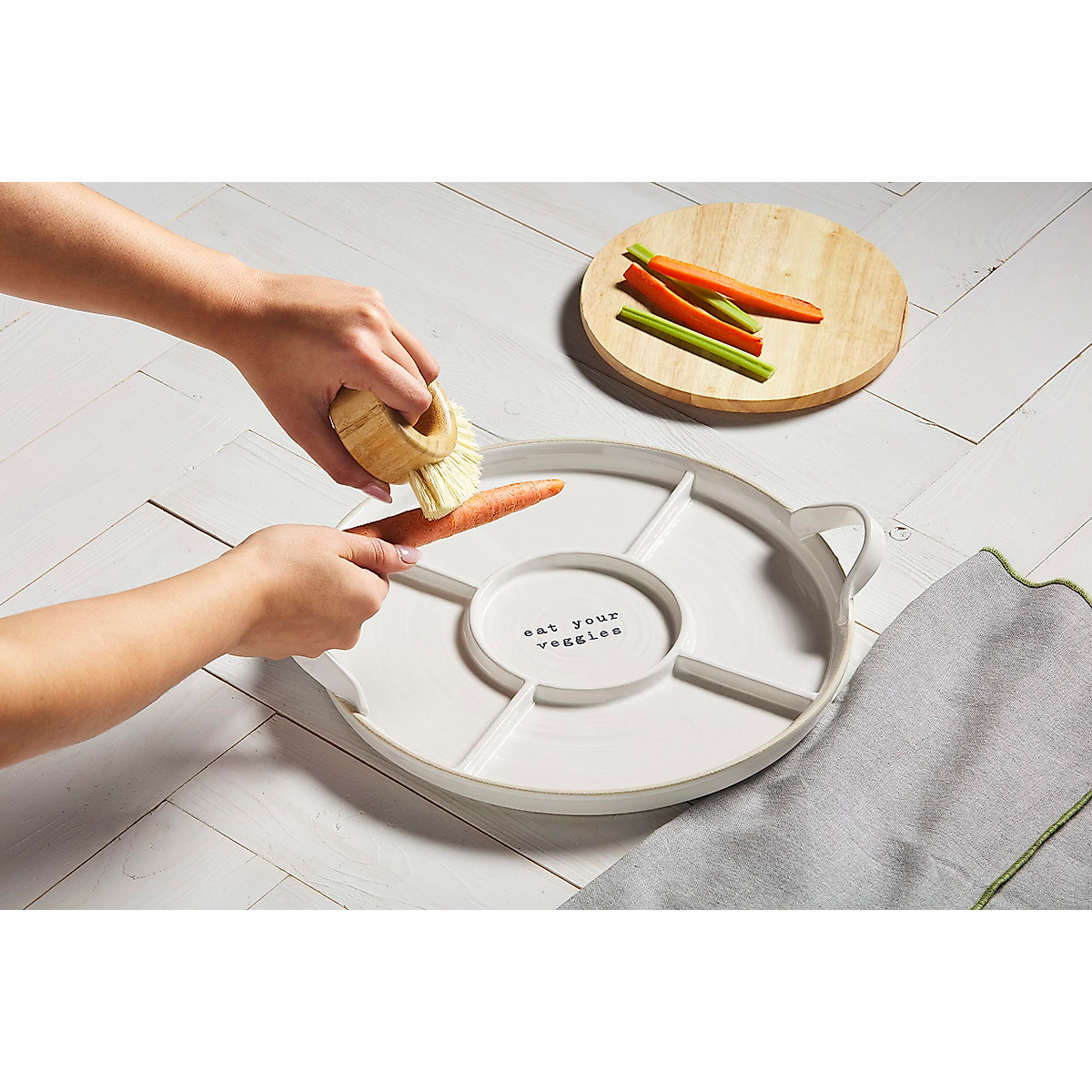 Mud Pie Farm Crudite Set, platter 13" dia | brush 4" x 3 1/2" White