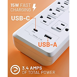 ECHOGEAR PowerBlitz Surge Protector Power Strip with USB-A & USB-C Ports - Low Profile Design with Braided 6' Cord, Flat Plug & 2160 Joules of Multi Outlet Surge Protection - White