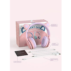 Picun Bluetooth Kids Headphones with Microphone, Cat Ear Wireless & Wired 85dB Volume Limited Multi-Function Girl Headphones, Built-in Flashing LED, Foldable for School Study Home Travel- Purple Pink