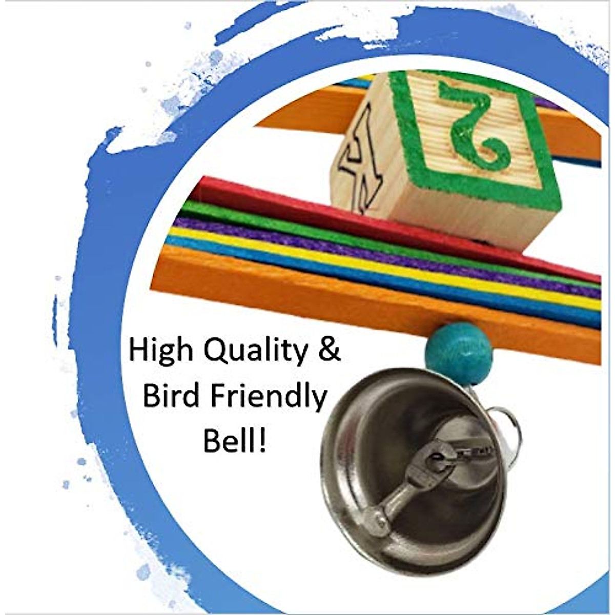 Tropical Chickens Chewing Stick with Wood Block Toy - Multicolored Natural Eco-Friendly Enrichment Toy with Bell for Bird Enrichment Conure Lovebird Cockatiels Small and Medium Birds