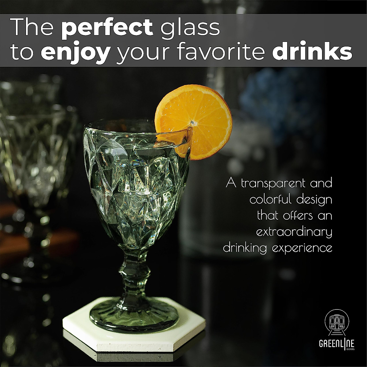 Greenline Goods Gray Goblet Glasses - Set Of 4 (10 oz) Vintage Water, Wine, Drink Glassware Set - Modern Diamond Textured Drinking Glasses - Unique Embossed Pattern - Unique Stemmed Glassware