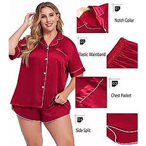 SWOMOG Womens Satin Plus Size Pajamas Silk Button Down Shorts Set Pajama Shorts 2Pcs Short Sleeve Pjs Sets Loungewear Red