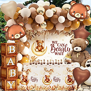 Teddy Bear Baby Shower Decorations for Boy Girl Bear Themed Birthday Party Supplies We Can Bearly Wait Backdrop Wood Grain Baby Boxes with Letters Balloon Arch for Gender Reveal Boy Baby Shower Decor