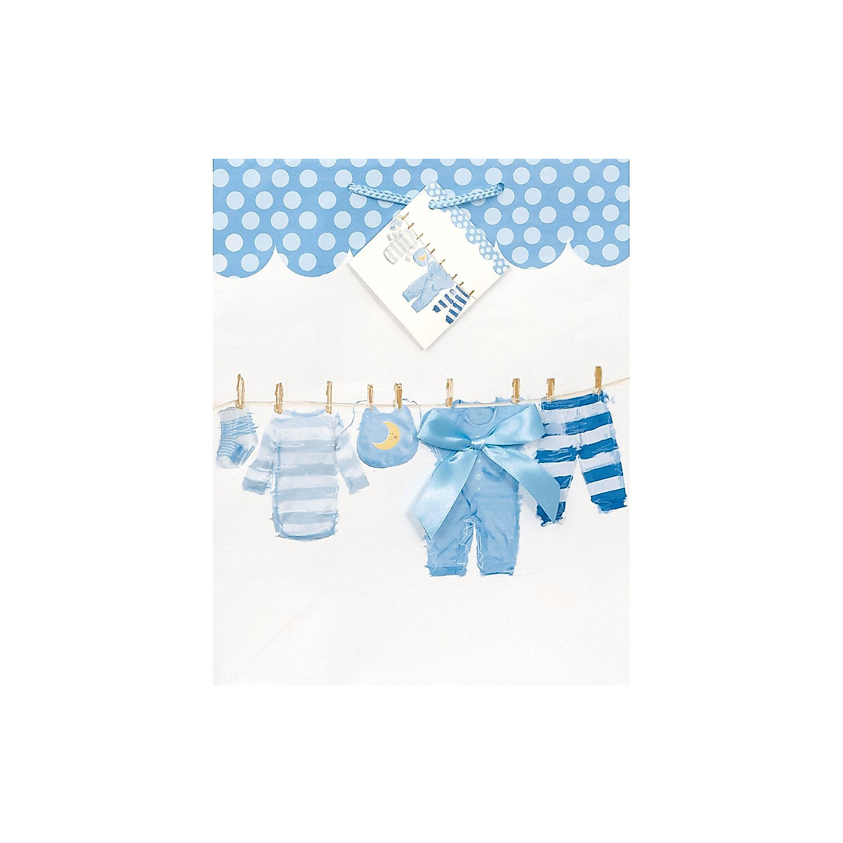 Charming Baby Bow Clothesline Blue Large Gift Bag - Premium Quality Paper - Perfect for Baby Showers, Baptisms & Birthdays (1 Pc.)