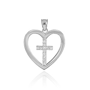 Sideways Crosses Polished 14k White Gold Diamond Cross in Open Heart Charm Pendant (white-gold)