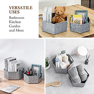 MyGift Rustic Corrugated Galvanized Silver Tone Metal Hexagonal Decorative Baskets, Home Storage Organizer Bins with Nesting Design and Cutout Handles, 2 Piece Set