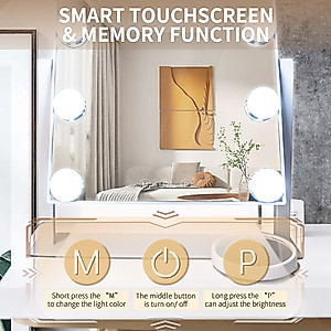 SLIMOON Hollywood Vanity Mirror with Lights, 12 Dimmable LED Bulbs Lighted Makeup Mirror with Detachable 10X Magnification Mirror, 1000mAh Rechargeable, 3 Color Lights, Touch Control