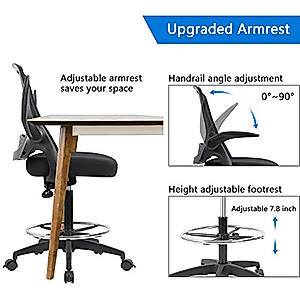 Devoko Drafting Chair Tall Office Chair with Flip-up Armrests Executive Computer Standing Desk Chair with Lockable Wheels and Adjustable Footrest Ring (Black)