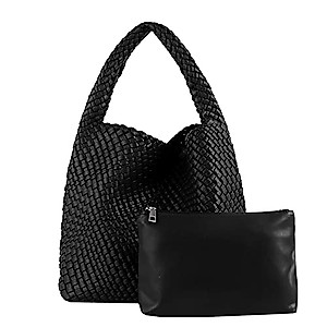 Women 2 in 1 Leather Handbag Hobo Purse Weave Shouler Bag Large Capacity Top Handle Satchal Bag, Black