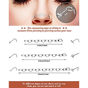 MTLEE Nose Ring Nose Chain Piercing Across Double Nose Stud Chain Jewelry CZ Heart Ball l Shaped Stainless Steel Nose Piercing Stud Nostril Jewelry for Women Men(Silver,1.5 Inch)