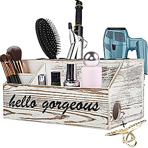 Wooden Hair Tool Organizer, ZENGAOOU Rustic White Blow Dryer Holder, Vintage Bathroom Organizer Countertop Storage with 6 Compartments for Curling Iron Makeup Toiletries(Rustic White)