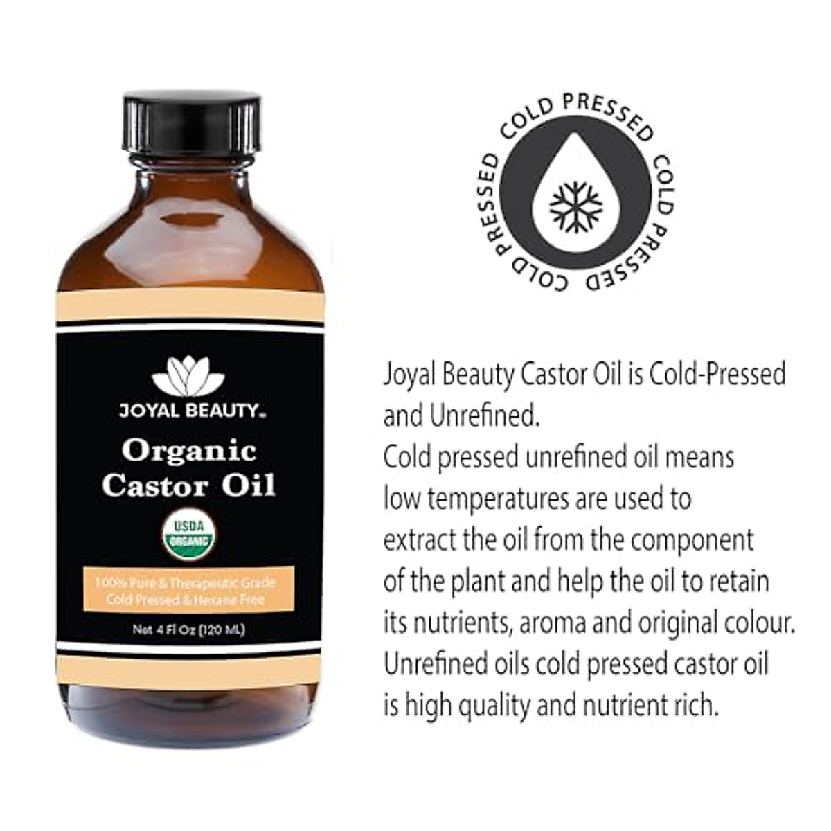 JOYAL BEAUTY Castor Oil USDA Certified Organic(4oz). 100% Pure Cold Pressed Unrefined Hexane Free Glass Bottle. Hair Eyelashes Eyebrows Lash Serum. For Face, Skin, Body, Belly Button. Free Mascara