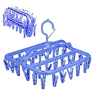 HAPY SHOP Foldable Laundry Hanger Drying Rack,Plastic Laundry Clip with 32 Clips,Clip Hanger Drip Drying Hanger Underwear Hanger with Clips for Socks, Bras, Lingerie, Clothes,Towel,Scarf,Blue