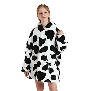Wearable Blanket Hoodie for Kids 4-12YR Oversized Animal Hooded Blanket Super Soft Comfortable Warm Flannel Cow