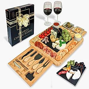 Bamboo Cheese Board and Knife Set Ceramic Bowls Wine Opener - 100% Organic Wood Serving Tray Charcuterie Board Perfect Choice for Gourmets, Birthday Presents, Wedding Gifts, Mothers & Housewarming